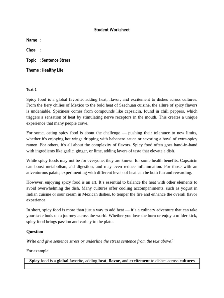 Student Worksheet Sentence Stress | PDF