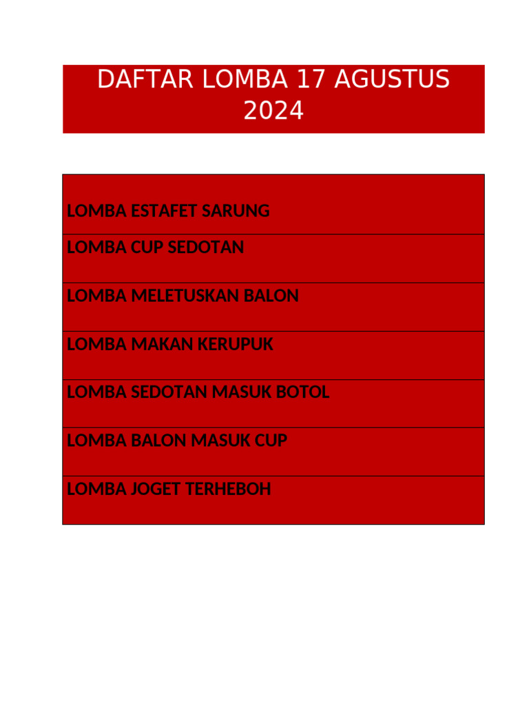 Daftar Lomba 17 Agustus 2024 | PDF