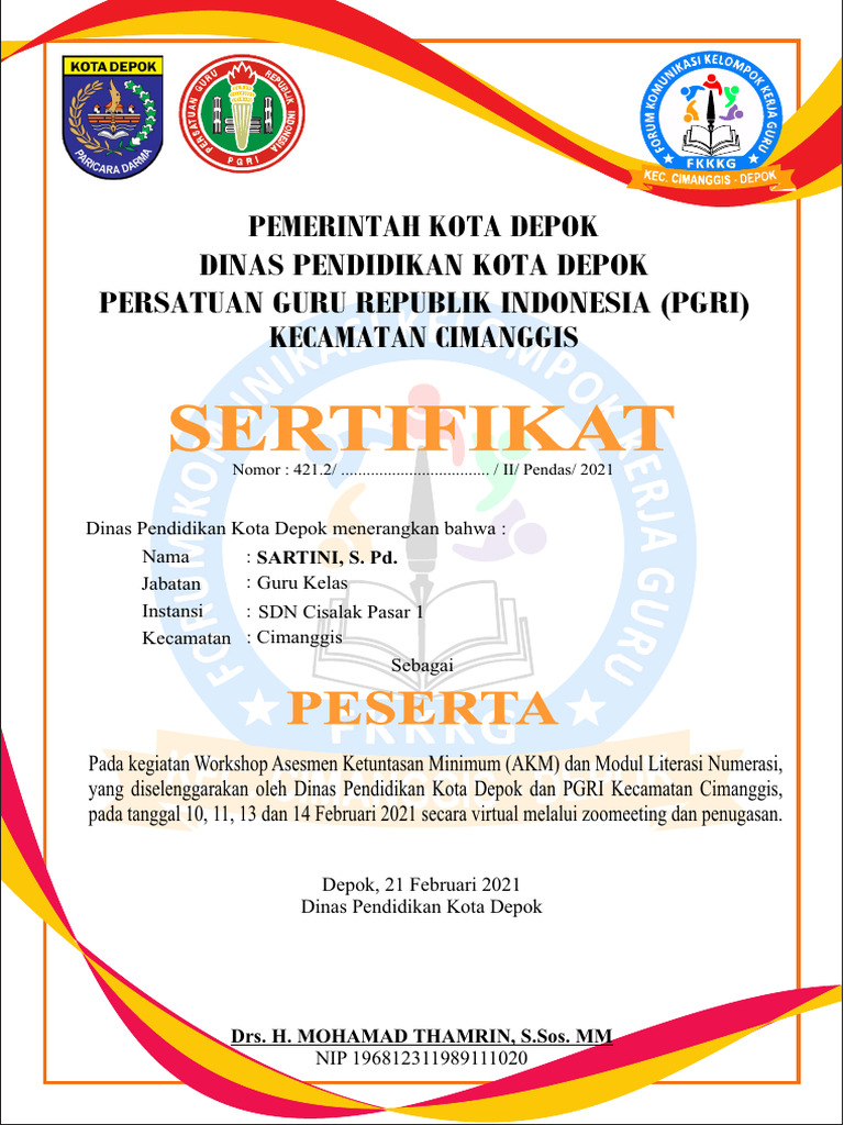 Sertifikat Workshop AKM Dinas Pendidikan Depok | PDF | Seni