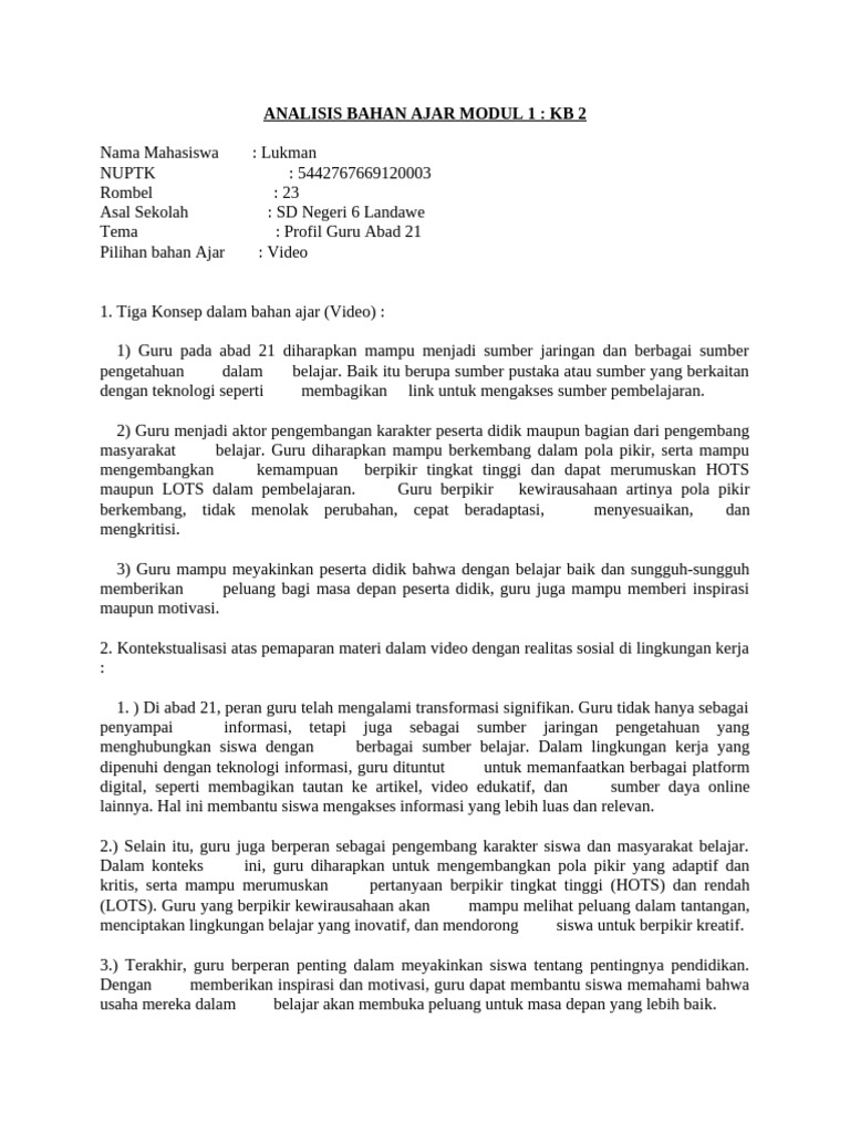 Analisis Bahan Ajar Modul 1 KB 2 | PDF
