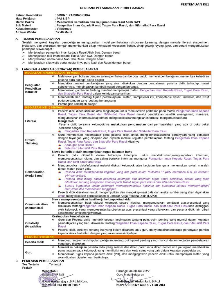PERTE 1 Meneladani Kemuliaan Dan Kejujuran para Rasul Allah SWT | PDF | Sains & Matematika