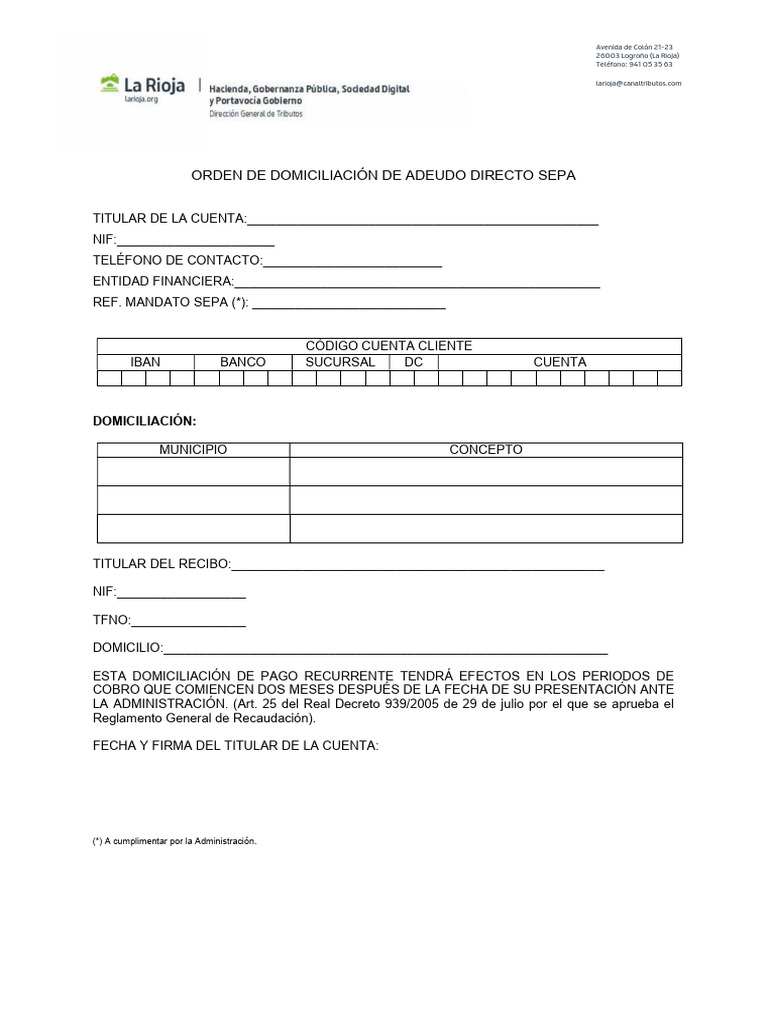 Orden de Domiciliación SEPA 2023 | PDF