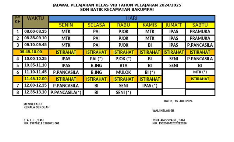 Jadwal Pelajaran Kelas Vib Tahun Pelajaran 2024 | PDF
