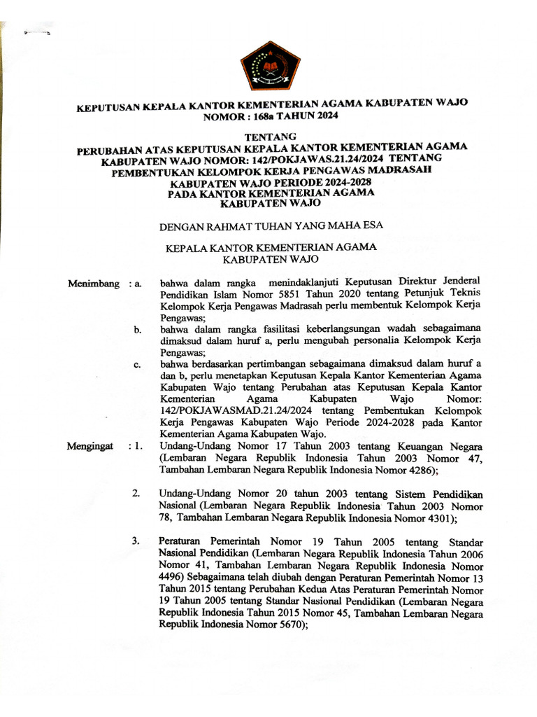 Revisi SK Pembagian Tugas Pengawas Madrasah Tahun 2024 | PDF