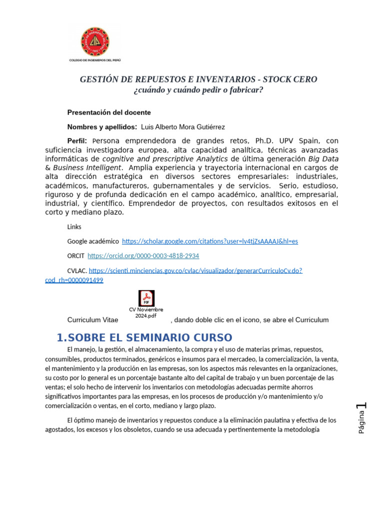 Seminario GESTIÓN DE REPUESTOS E INVENTARIOS STOCK CERO | PDF ...