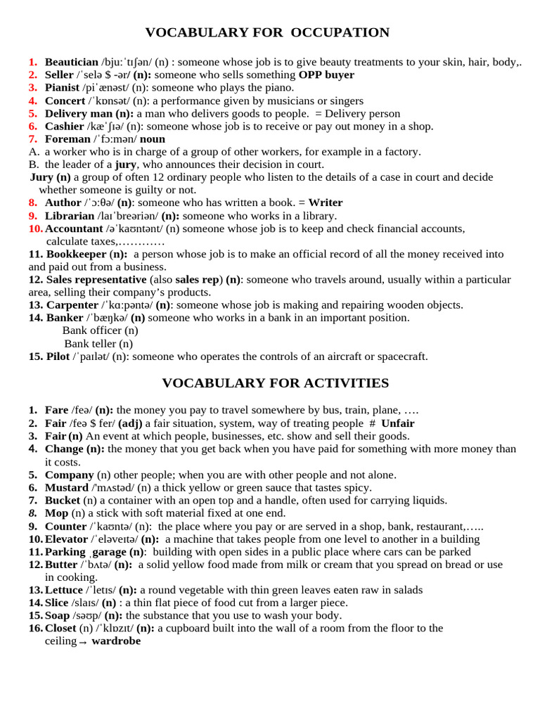 Vocabulary For Occupations and Activities | PDF | Foods