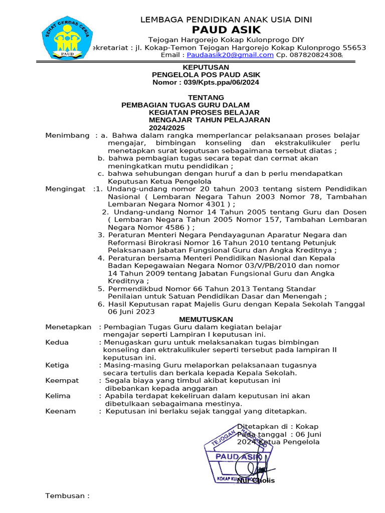 Surat SK Pembagian Tugas Mengajar Paud Asik | PDF