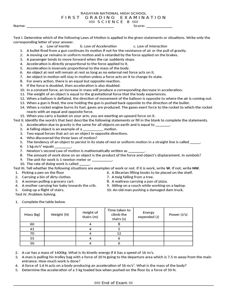 1 Stgrading G8 SCIENCE | PDF | Force | Newton's Laws Of Motion