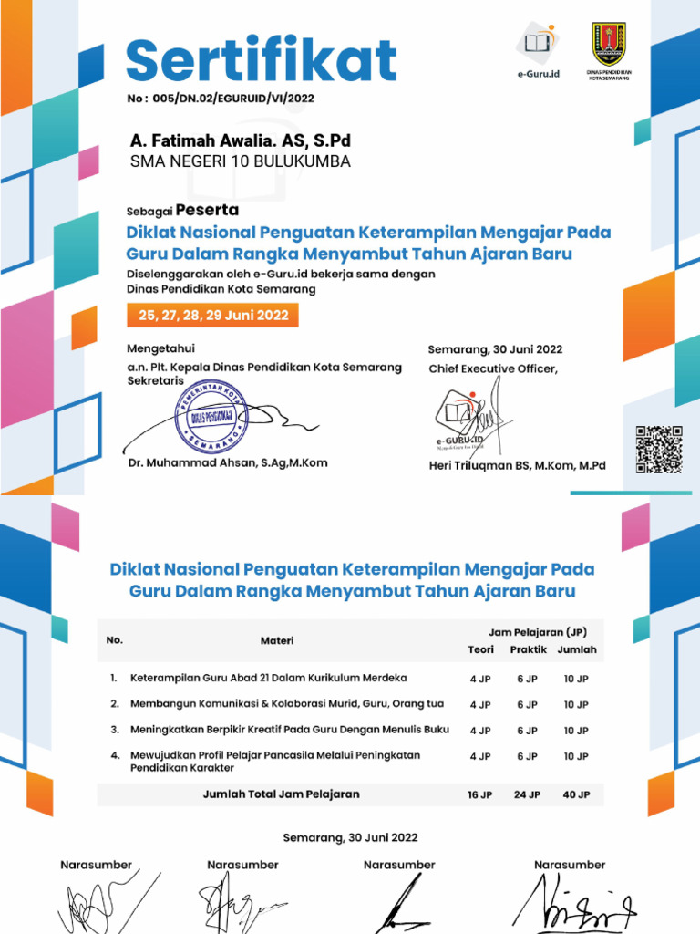 A. Fatimah Awalia. AS, S.PD Sertifikat 40JP | PDF