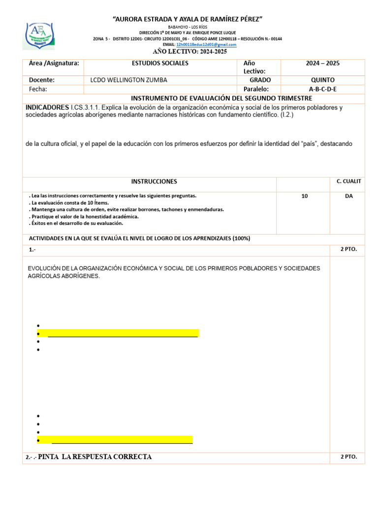 INSTRUMENTO DE EVALUACIÓN DE EESS 2do TRIMESTRE 2024 QUINTO | PDF | Imperio Inca | Agricultura