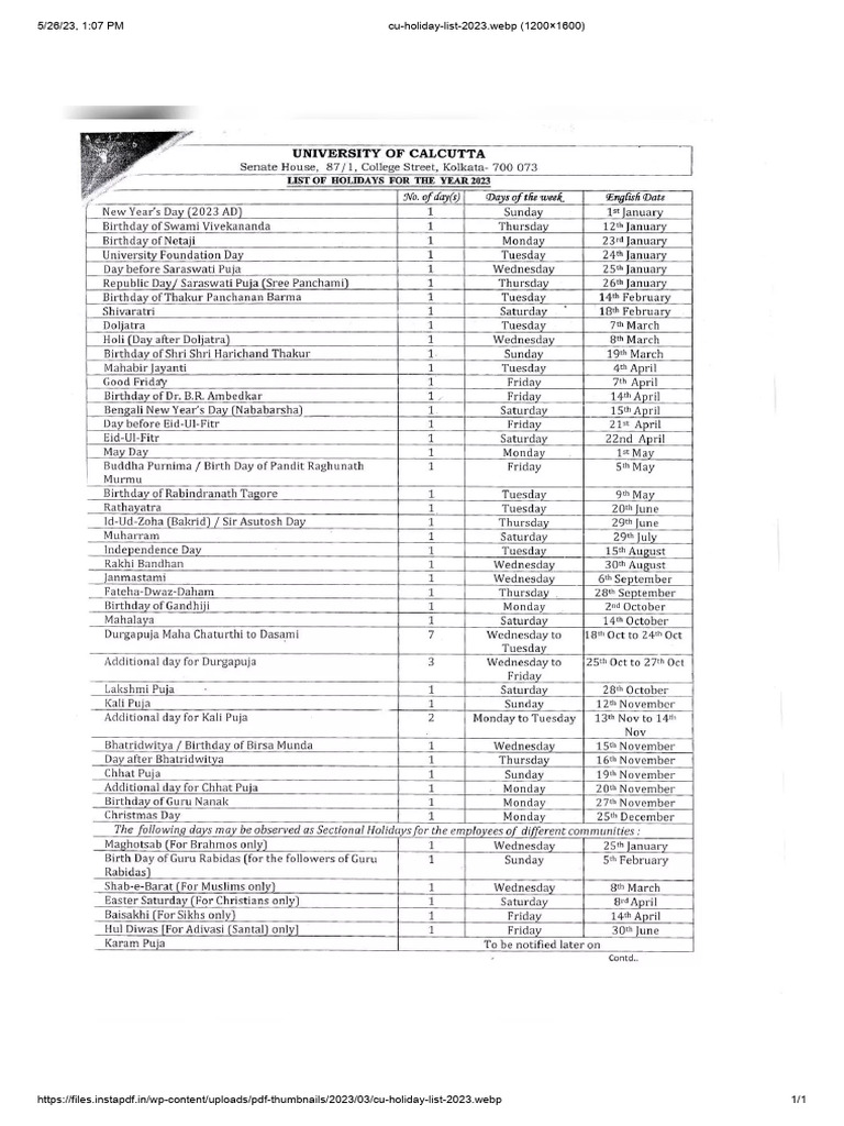 Cu Holiday List 2023 | PDF