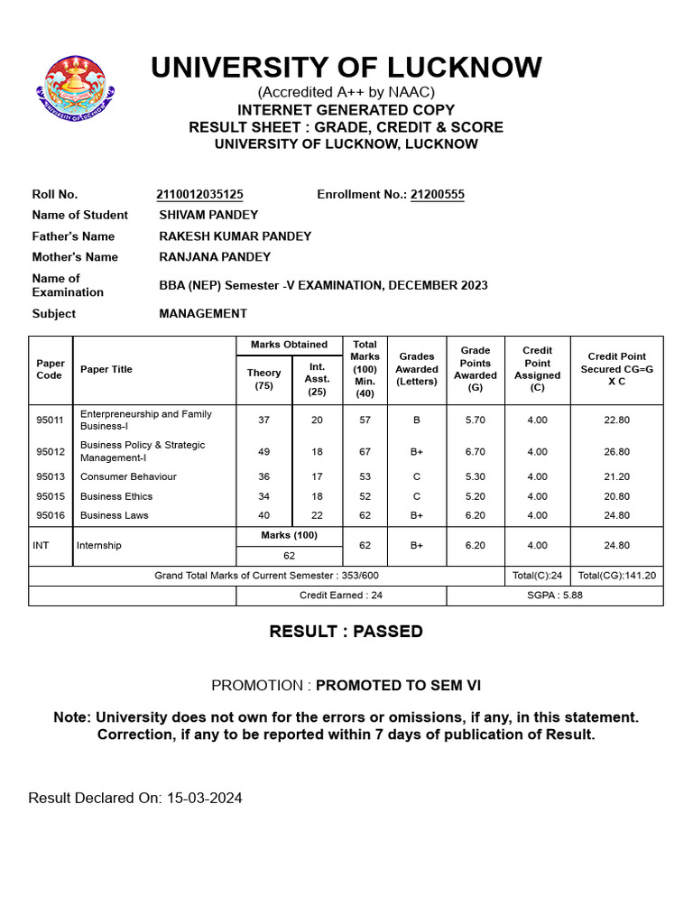 Https:/result - Lkouniv.ac - in/Results/LU OddResult/BBASem5ResultDisplay | PDF