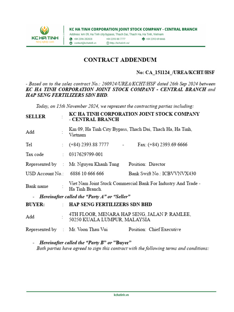 Contract Addendum For Method of Shipment - 151124 - Urea - KCHT - HSF ...