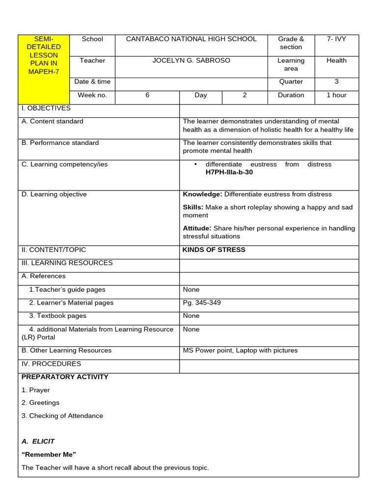 Q3-COT DLP - Health (KInds of Stress) | PDF | Stress (Biology) | Learning