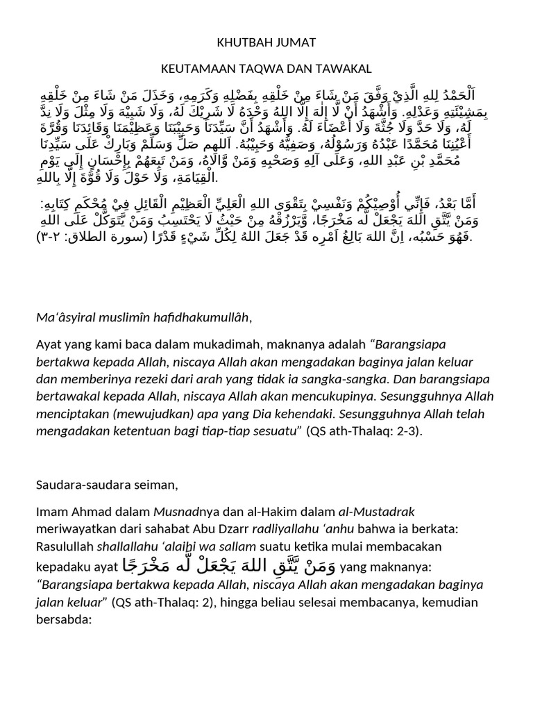 Khutbah Jumat Keutamaan Taqwa Dan Tawakal | PDF