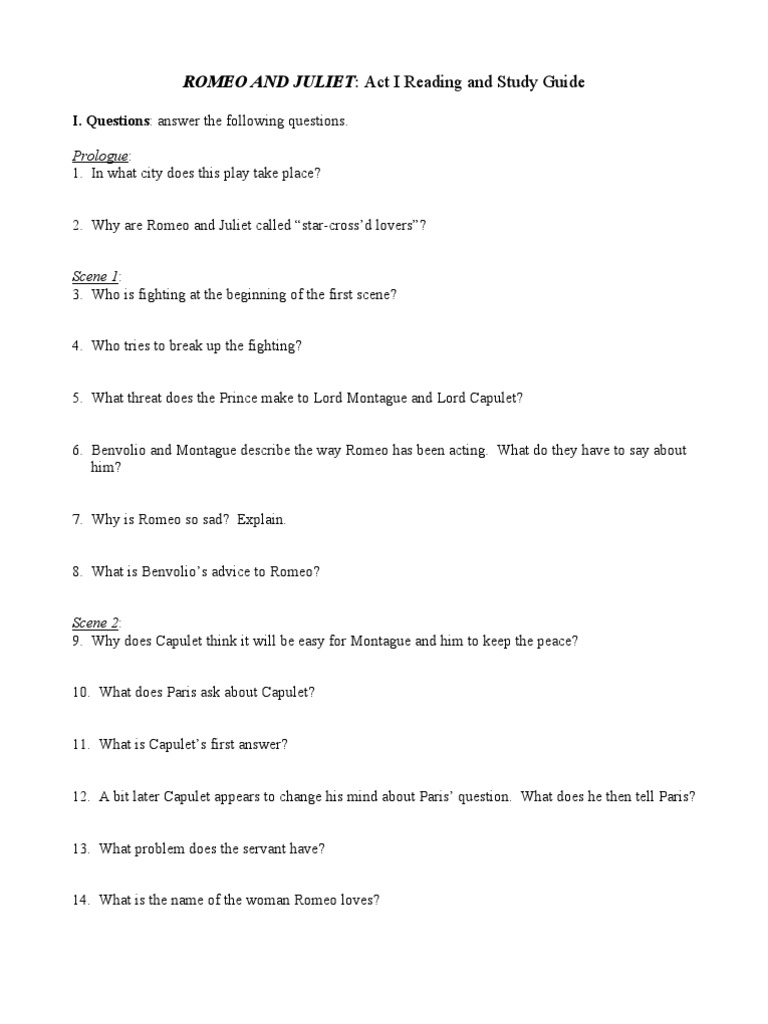 Act 1 Study Guide for Romeo and Juliet | PDF | Characters In Romeo And ...
