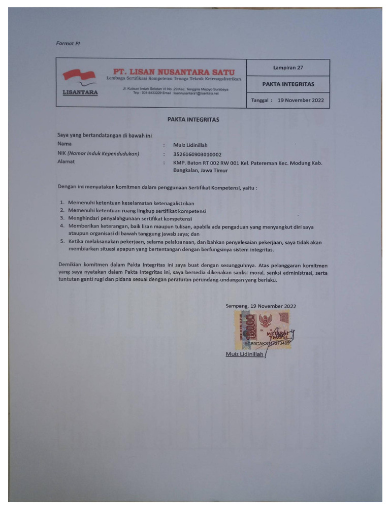 Muiz Lidinillah Pakta Integritas | PDF