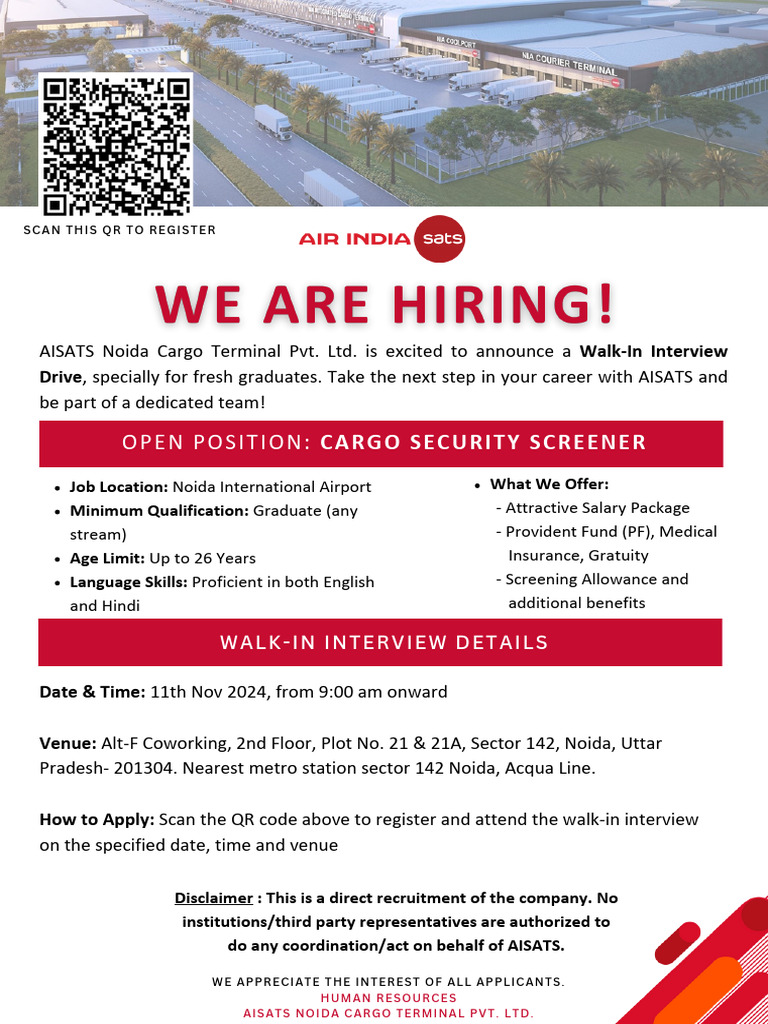 Walk-In Interview Drive at AISATS Noida Cargo Terminal | PDF