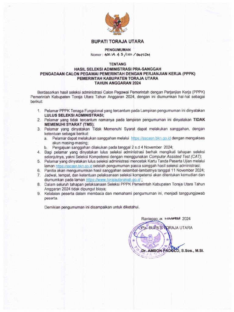 Pengumuman Hasil Seleksi Administrasi Pra-Sanggah Pengadaan PPPK T.A. 2024 Pemkab Toraja Utara | PDF