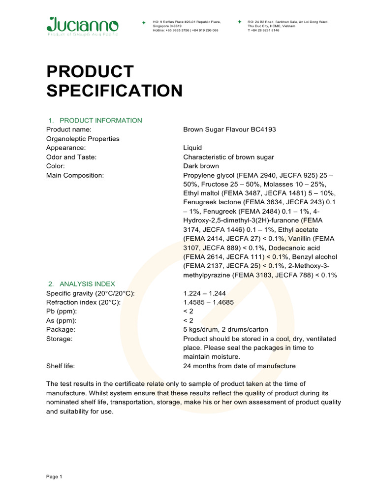 SPEC - Brown Sugar Flavour - BC4193 | PDF | Sugar | Diet & Nutrition