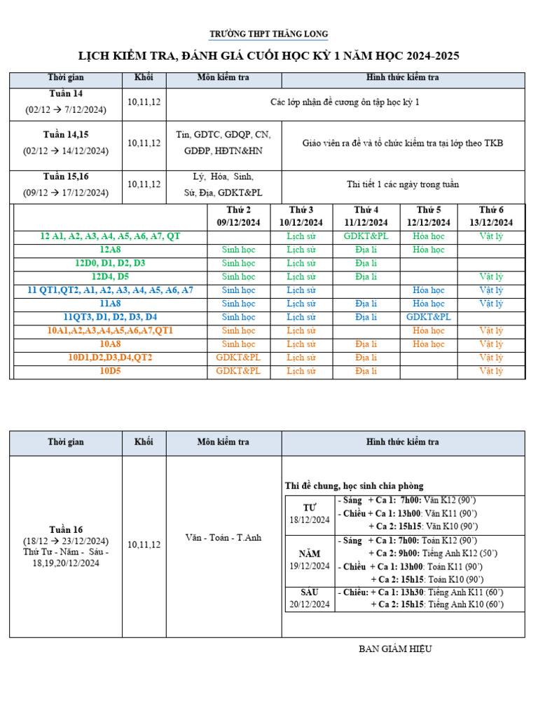 LỊCH KT CUỐI HK1 24 25 | PDF