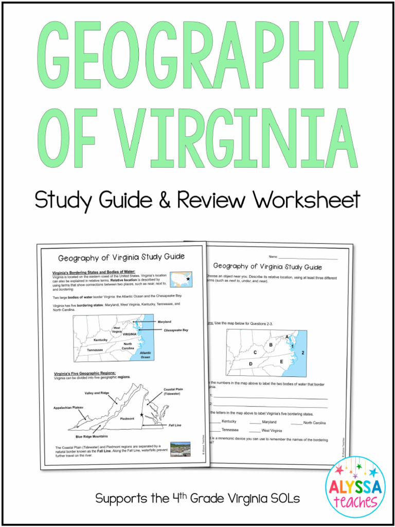 01 - Geography of Virginia Study Guide and Review Worksheet (Vs.2a-C) | PDF