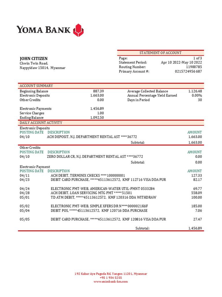 Myanmar Yoma Bank Statement | PDF | Debit Card | Visa Inc.