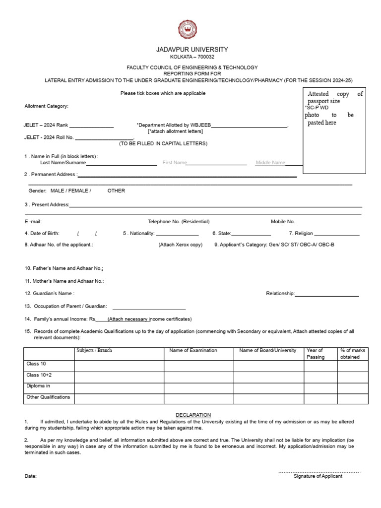 Lateral Entry Admission Form 2024-25 | PDF
