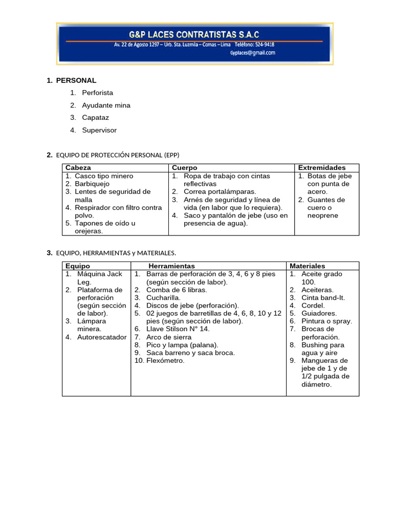 PETS Perforacion en Frentes Con 02 Perforistas | PDF | Perforación ...