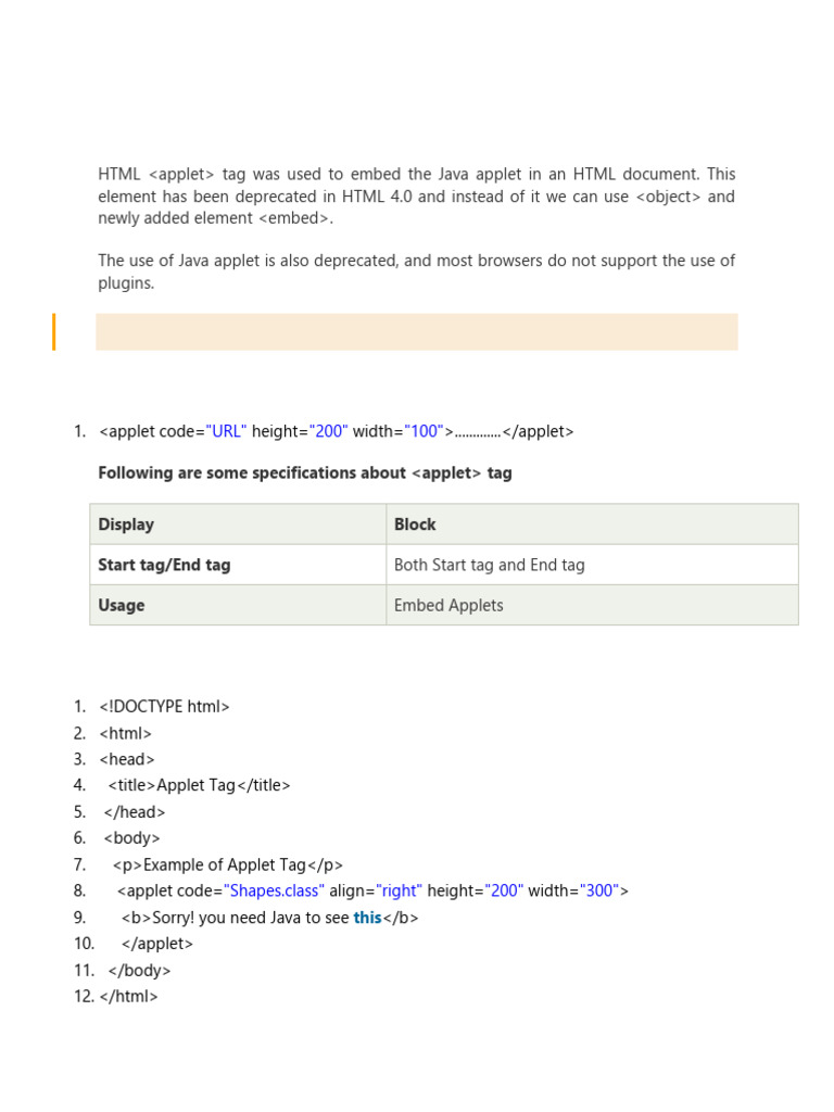 7.4 Applets in HTML | PDF | Html Element | Html