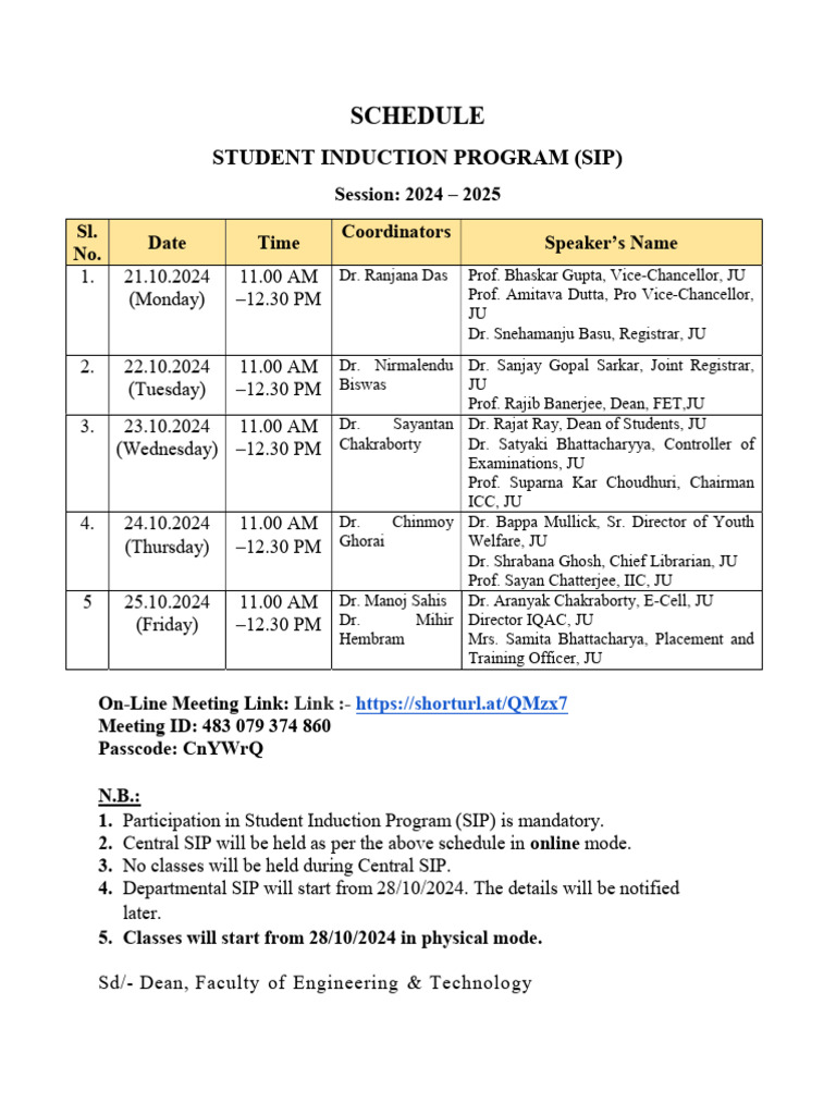 UG Engg 2024 1st Year SIP Class Start Notice | PDF