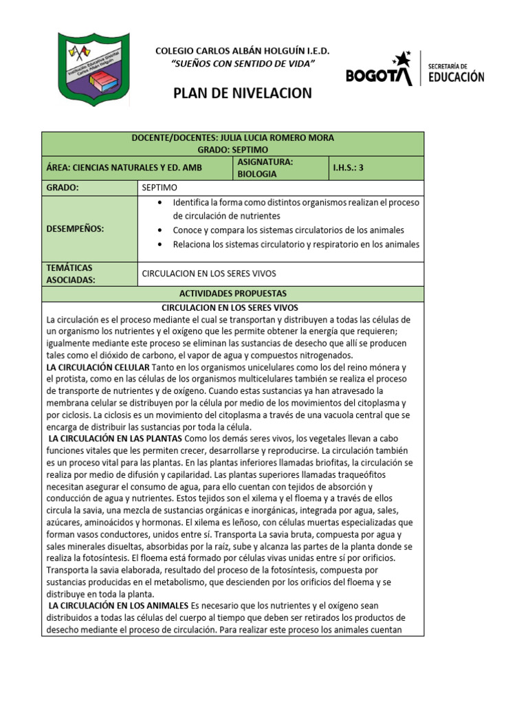 Biologia Plan de Nivelacion Septimo 2P Julia Romero | PDF | Sistema ...