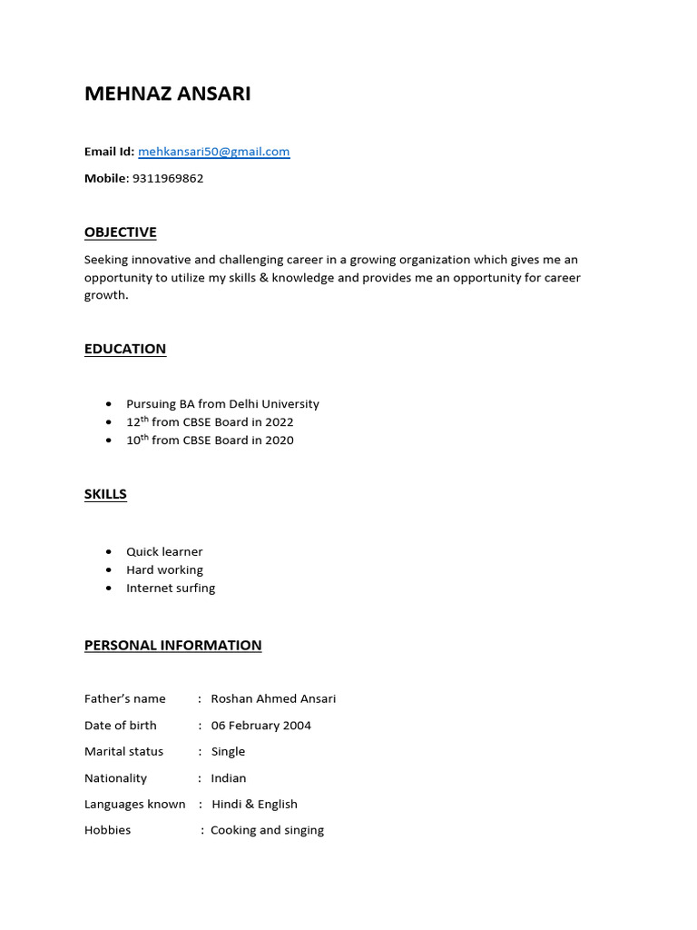Mehnaz Ansari CV | PDF | Career & Growth | Sports & Recreation Mehnaz Ansari CV | PDF | Career & Growth | Sports & Recreation