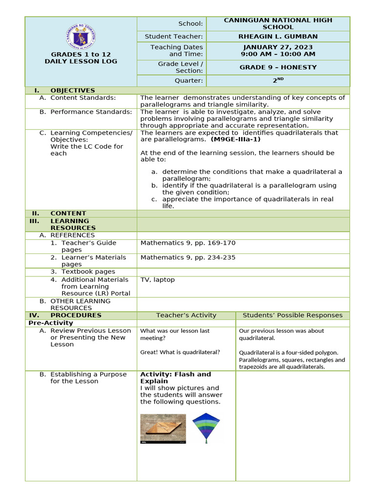 GRADE 9 LESSON PLAN | PDF | Rectangle | Euclidean Geometry