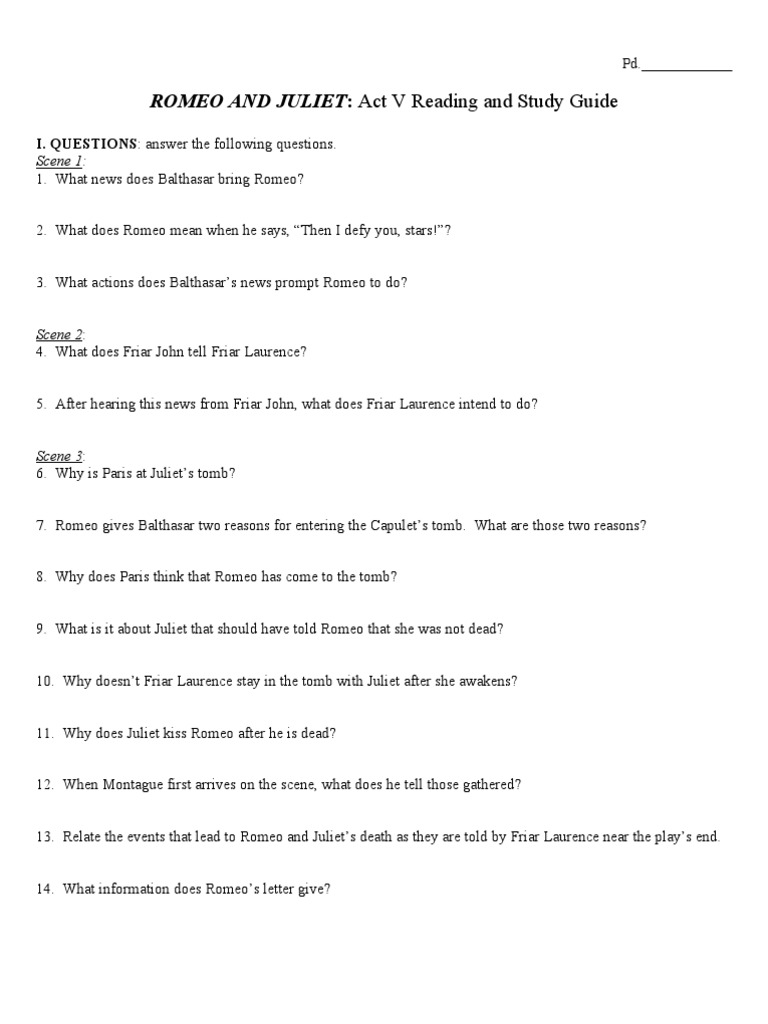 Act V Study Guide for Romeo and Juliet | PDF | Characters In Romeo And ...
