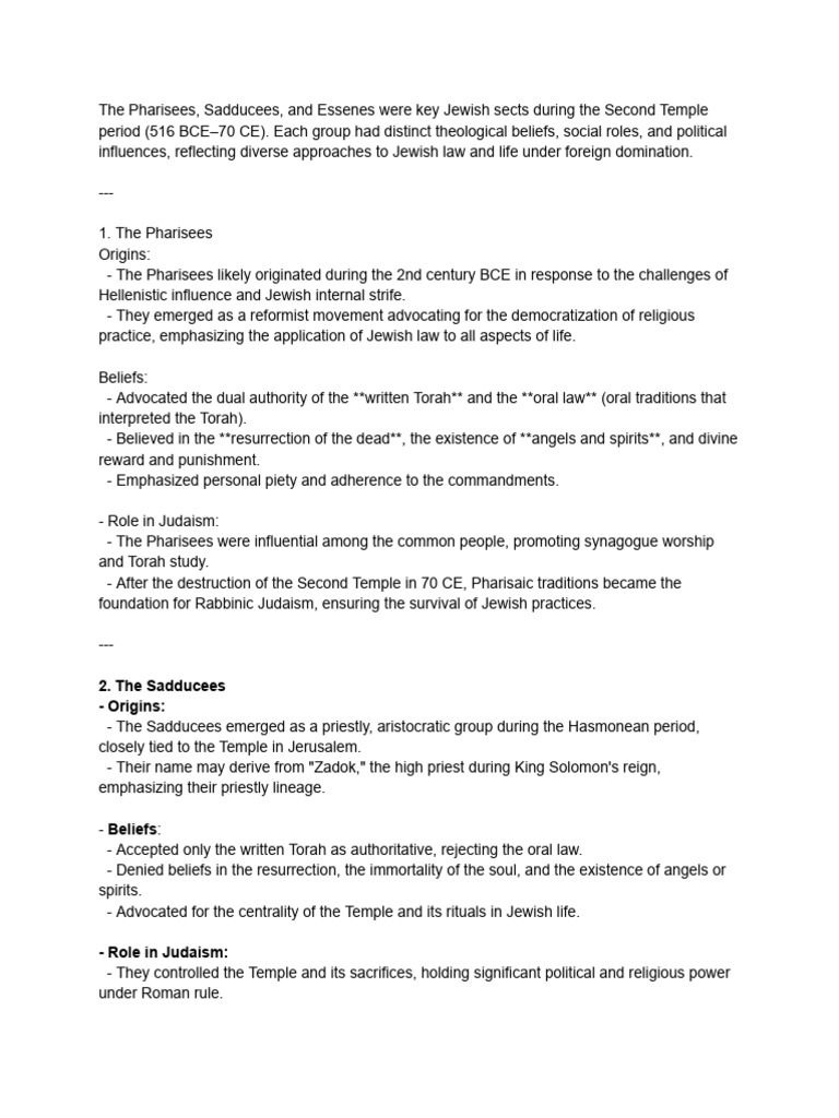 The Pharisees, Sadducees, and Essenes Were Key Jewish Sects During The ...