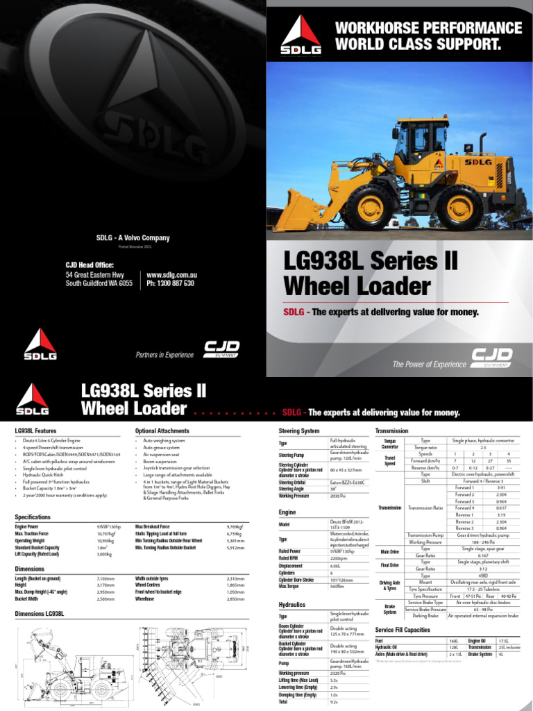 LG938L Wheel Loader Specifications | PDF | Brake | Axle