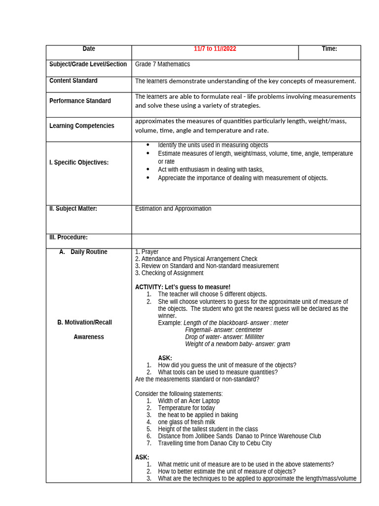 LP_MATH 7_Q2_WEEK 1_ | PDF | Measurement | Volume