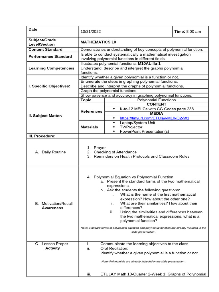 Math10 - Q2 - W1 - Polynomial Functions | PDF | Mathematics | Function (Mathematics)