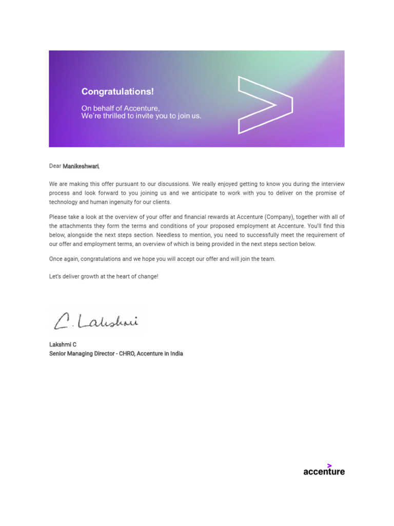 Accenture Job Offer Overview for Manikeshwari | PDF | Employment ...