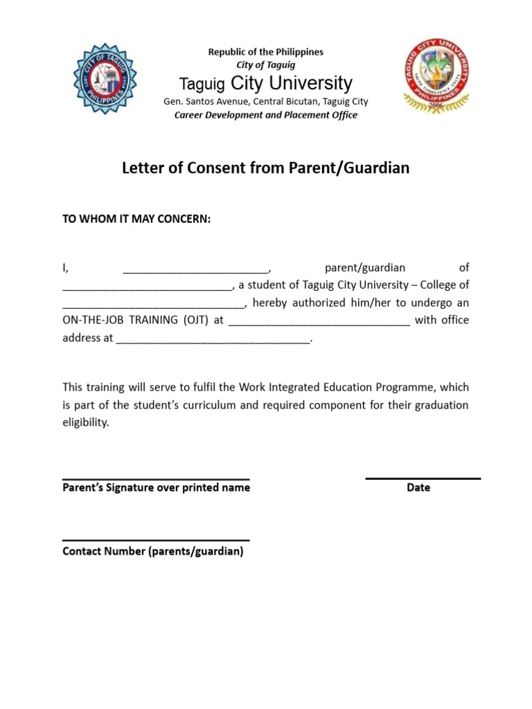 Taguig City University OJT Consent Form | PDF | Career & Growth | Business