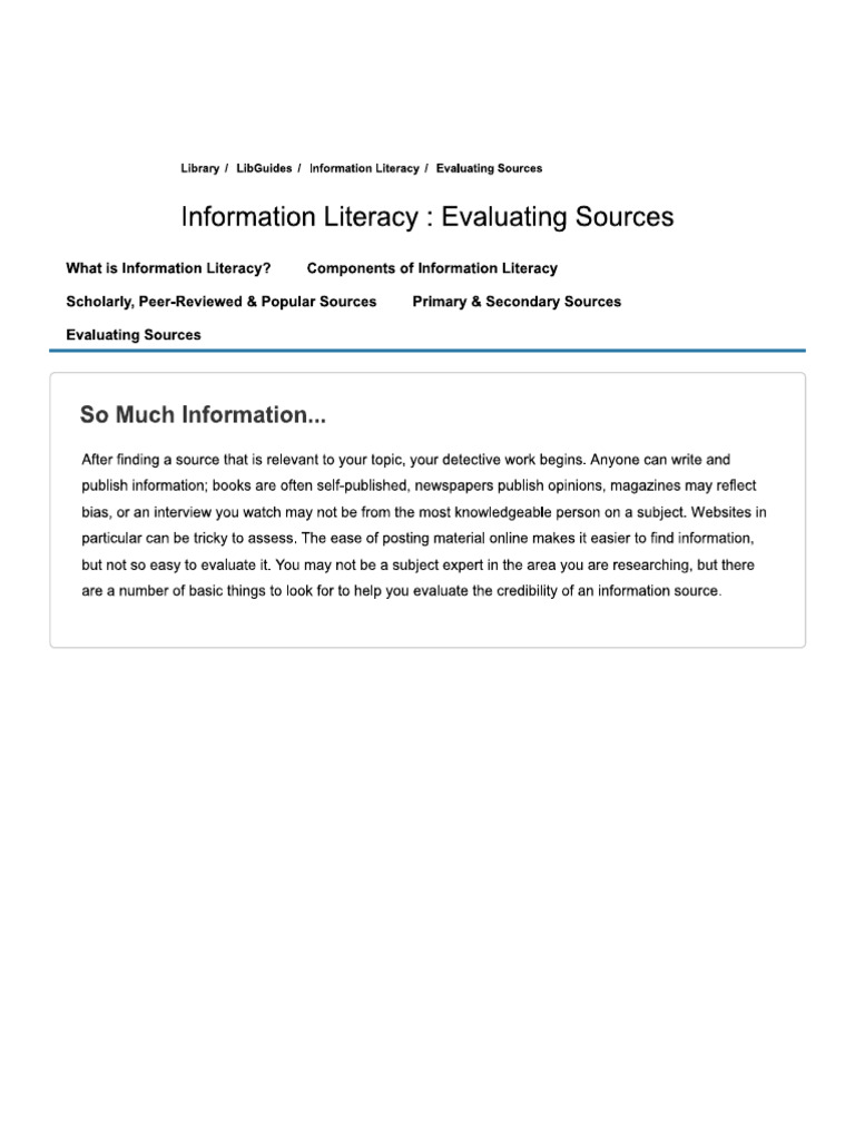 Information Literacy Evaluating Sources Webpage | PDF