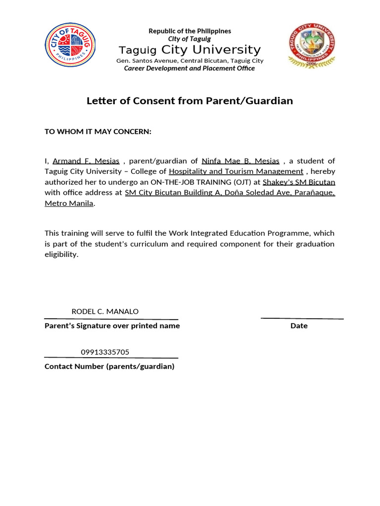 Parent Consent for Student OJT | PDF