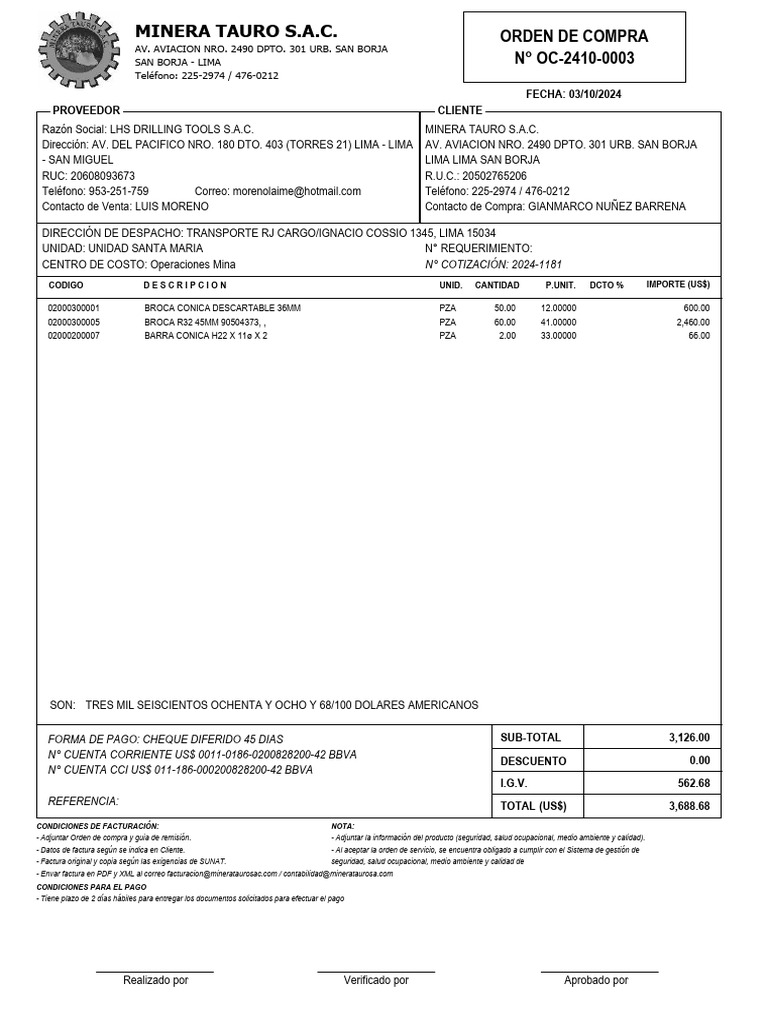Orden de Compra Herramientas Mineras 2024 | PDF