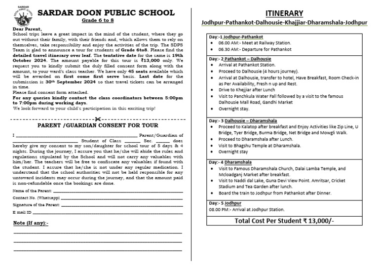 Student Tour Notice for Grades 6-8 | PDF
