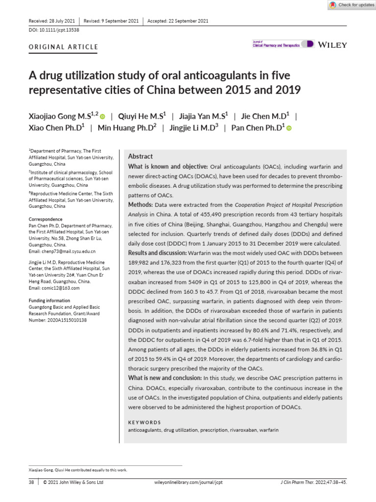 001 A Drug Utilization Study of Oral Anticoagulants in Five Representative Cities of China ...