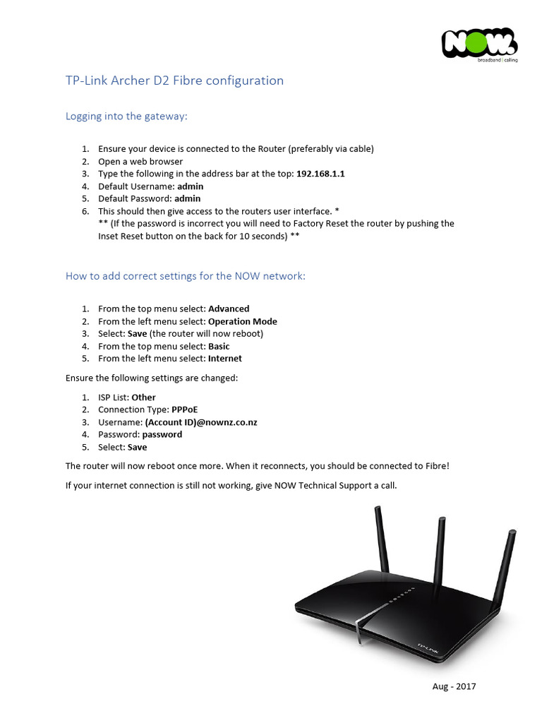 TP Link Archer D2 Fibre Configuration | PDF