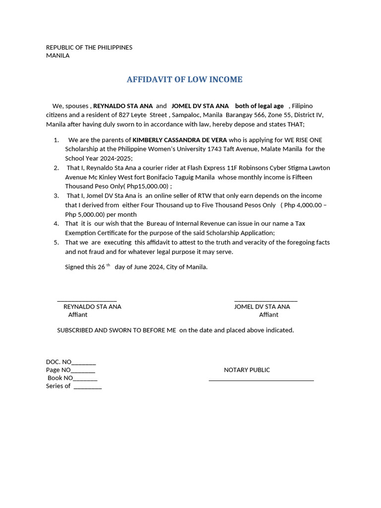 Affidavit of Low Income For Scholarship | PDF
