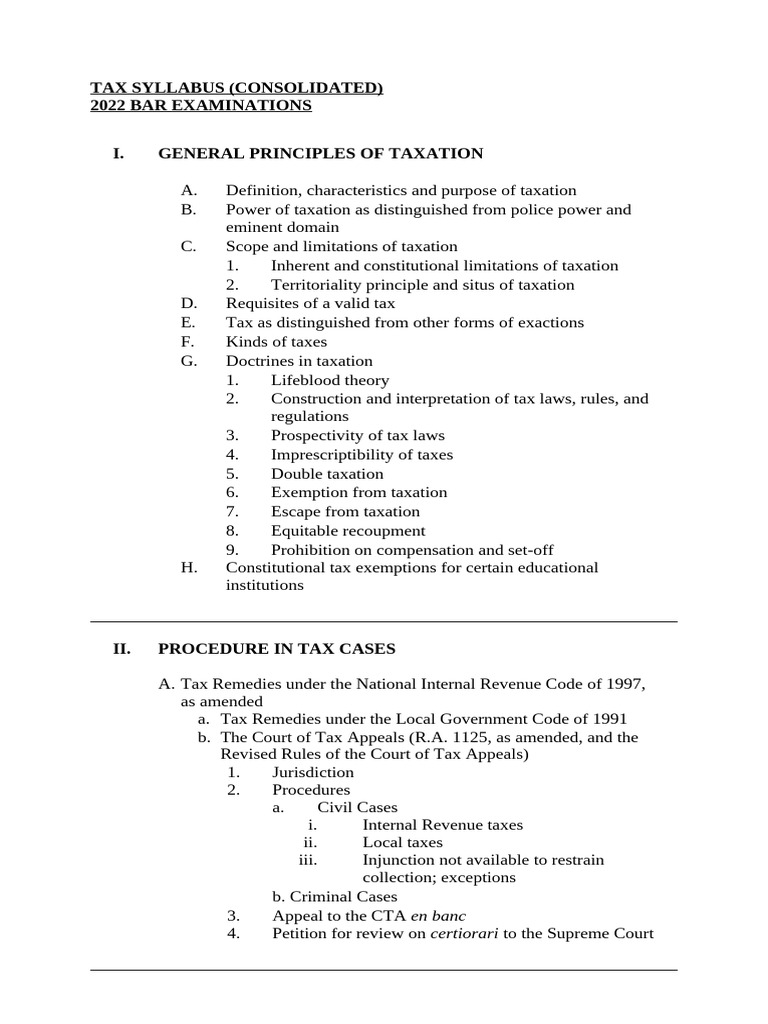 2022 Tax Syllabus for Bar Exams | PDF | Taxes | Appeal