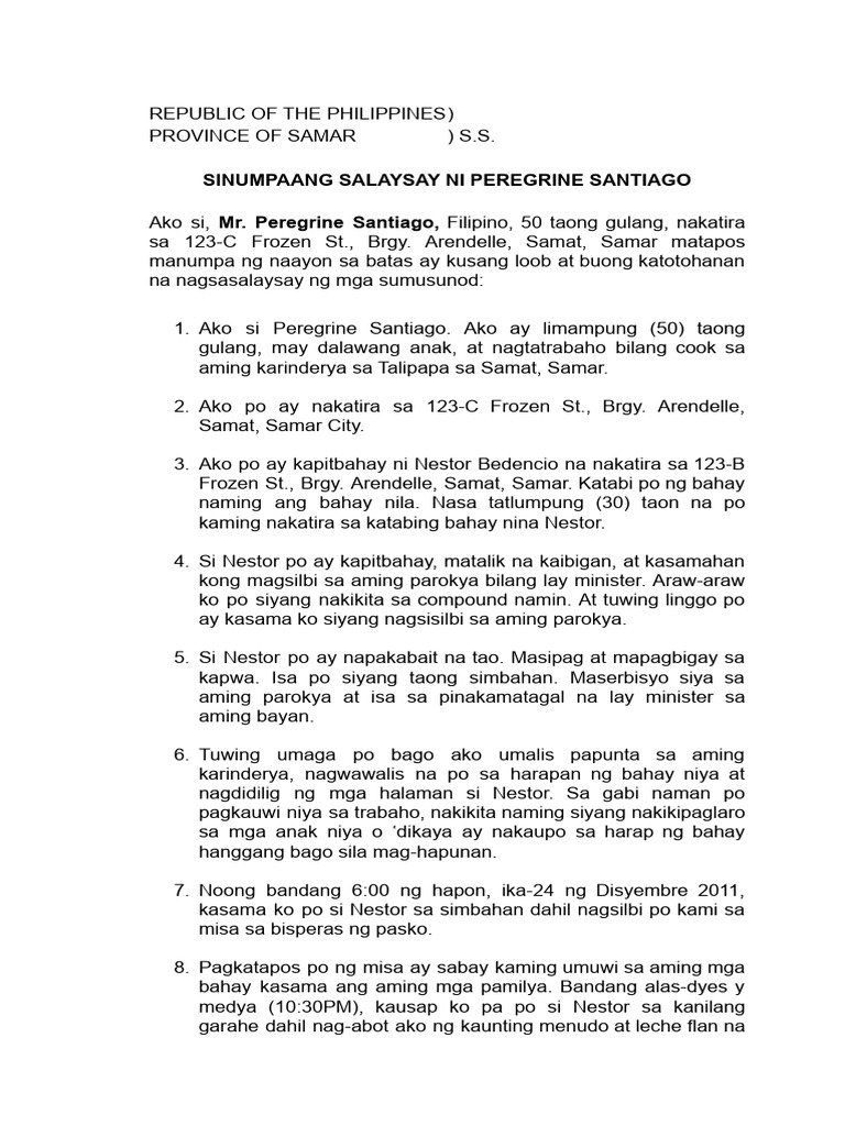 Annex 4. Peregrine Santiago - Sinumpaang Salaysay | PDF